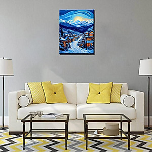 Dramatic Village Paint by Numbers Kits Winter Night Landscape in Countryside with House Acrylic Oil Painting for Adults Kids Full Moon Pictures Art Craft Farmhouse Decor Nordics Gift(Frameless)