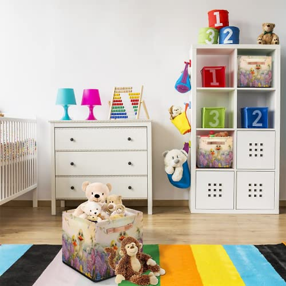 Animal Duck Fabric Storage Cubes Flower Floral Collapsible Storage Bins, Storage Boxes for Organizing Storage Baskets with Handles for Shelves, Closet, Toy, Nursery (13x13x13 Inch)