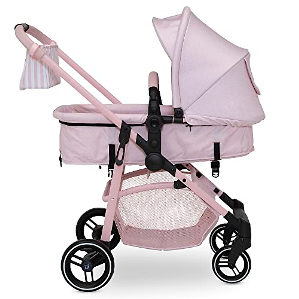 babyGap by Delta Children 2-in-1 Carriage Stroller - Greenguard Gold Certified - Car Seat Compatible, One-Handed Fold, Lightweight & Oversized Canopy - Made with Sustainable Materials, Pink Stripes