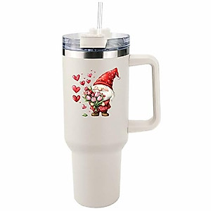 LB LEOBON 40 ounce insulated cup with handle, double-layer vacuum stainless steel material, equipped with straw, can keep warm or maintain cold drinks Red Love Gnome D white