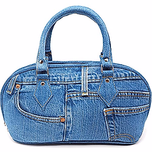 Bijoux De Ja Upcycling Blue Denim Trim Curved Shape Top Handle Handbag Purse (denim)