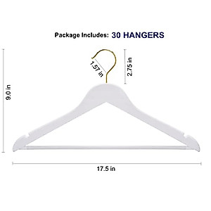 Amber Home Solid Wood Suit Coat Hangers 30 Pack, Smooth White Finish Wooden Dress Hangers with Non Slip Pant Bar, Clothes Hangers with Gold Hook & Notches for Jacket, Pant, Shirt (White+Gold, 30)