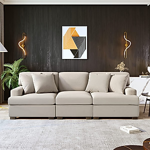 kevinplus 88.5'' Modern Sectional Sofa Couch for Living Room, Contemporary Comfortable 3-Seat Sofa with 4 Pillows for Apartment Office and Small Space, Linen Fabric, Cream White