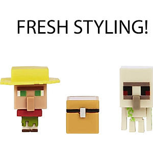 Minecraft Mob Head Minis Villager Guarding Iron Golem Pack with 2 Action Figures & Accessories, Incudes Authentic Pixelated Video-Game Characters Steve & Spider, Age 6 Years & Older