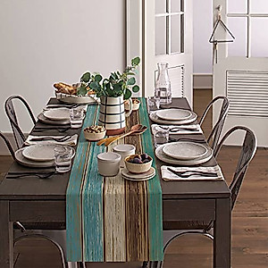 Farmhouse Table Runners 72 Inches Long,Rustic Teal Table Runner Turquoise Blue Green Brown Wood Striped Cotton Linens Burlap Dresser Scarves Table Decor for Kitchen Dining Room Coffee Table