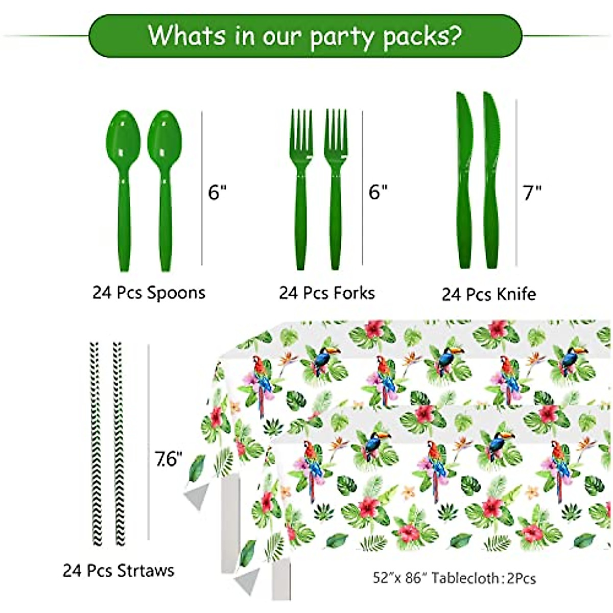 FVABO Hawaiian Luau Party Supplies Tableware - Aloha Tropical Party Dinnerware Include Plates, Cups, Napkins, Cutlery, Tablecloth, Straws, For Hawaiian Theme Birthday Party Decorations | Serves 24