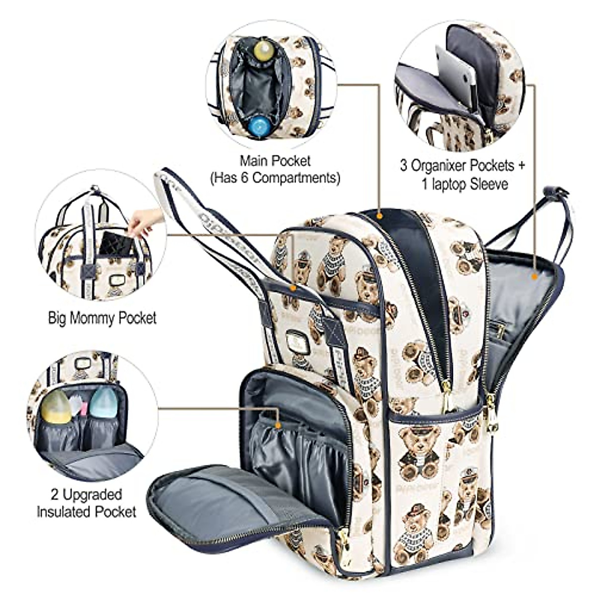 pipi bear Baby Diaper Bag Backpack with Stroller Straps and Changing Pad, Jacquard Diaper Backpack Mom Dad Travel Back Pack with USB Charging Port, Stylish Maternity Bag for Baby Girls Boys