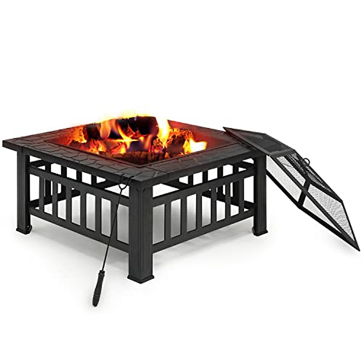 MoNiBloom 32" Outdoor Fire Pit Table Wood Burning Fireplace Backyard Patio Firepit Desk with Grill Spark Screen Cover for Outside Beach Camping Picnic, Black