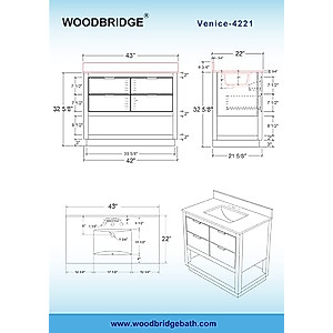 Woodbridge Venice-4221-White-BN+ CAVT4322-8 Vanity with top, 43"x22", White with Brushed Nickel Trim