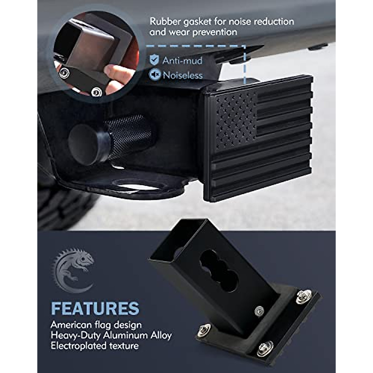 Metal American Flag Trailer Hitch Cover for 2 inch Receivers, Black