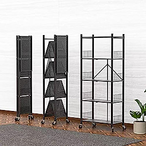 JAQ Foldable Storage Shelves Unit,5-Tier Folding Shelf Rack Organizer Cart with Rolling Wheels for Temporary or Mobile Storage in Garage Kitchen Warehouse Patio Plants Basement ( Black,5-Tier)