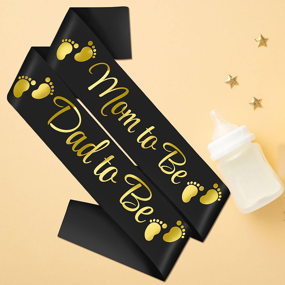 2pcs Mom to be and Dad to be Baby Shower Sash，Black Satin with Gold Letters Sash for New Mom Dad Baby Shower Party Gender Reveal Supplies Decorations