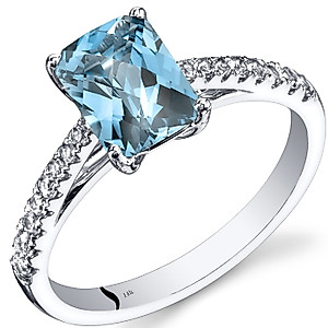 PEORA Swiss Blue Topaz with White Topaz Venetian Solitaire Ring for Women 14K White Gold, Genuine Gemstone Birthstone, 1.75 Carats Radiant Cut 8x6mm, Size 6
