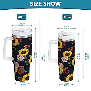 Jihqo Dark Sunflowers and Roses 40 oz Stainless Steel Vacuum Insulated Tumbler with Handle and Straw Lid, Leakproof Water Bottle Double Wall Travel Mug Coffee Cup, Cupholder Friendly
