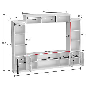 AIEGLE Entertainment Wall Unit Set with Bridge, Modern TV Stand with Glass Doors & Shelves, Large Console Table for TVs Up to 70", Living Room Storage Bookshelf Set, White (102" Wx14.6 Dx78.2 H)