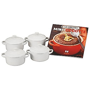 Le Creuset Stoneware Set of 4 Mini Cocottes with Cookbook, 8 oz. each, White