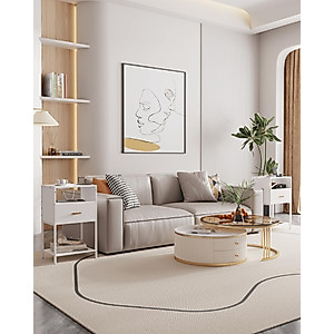 Veegle White Nightstand with Charging Station, Fluted Side Table with Drawer, Modern Bedside Table with Open Shelves for Living Room, Bedroom