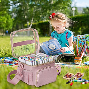 Rexmica Marker Organizer Case for 100 Markers, Marker Storage Organizer Bag with Divider and Shoulder Strap, Marker Travel Carrying Case with 3 Pockets, Pink (Patented Design)