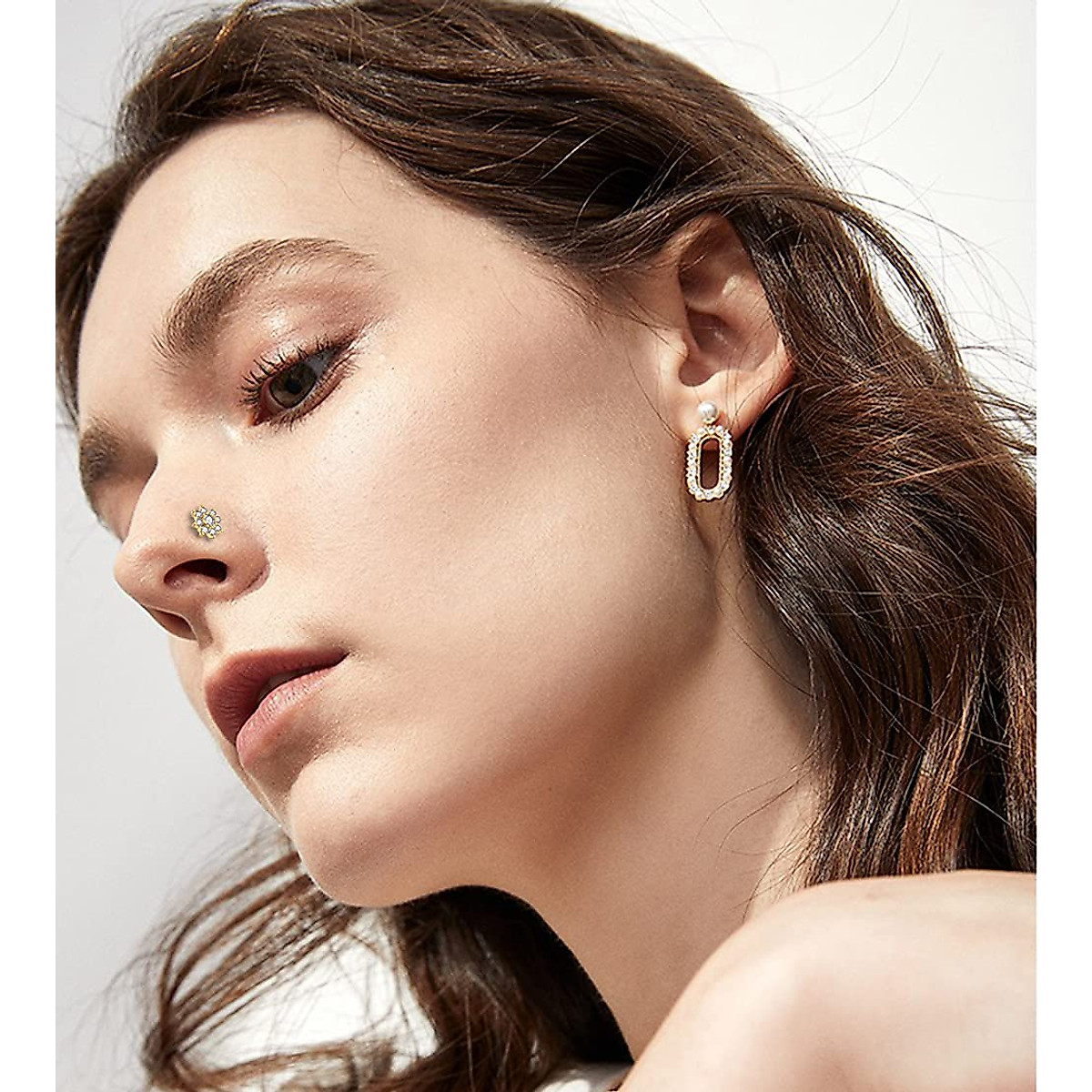 Masedy 9Pcs 20G Stainless Steel Nose Rings L Shaped Nose Studs Flower Screw Nose Rings for Women Men Nose Piercing Set LG