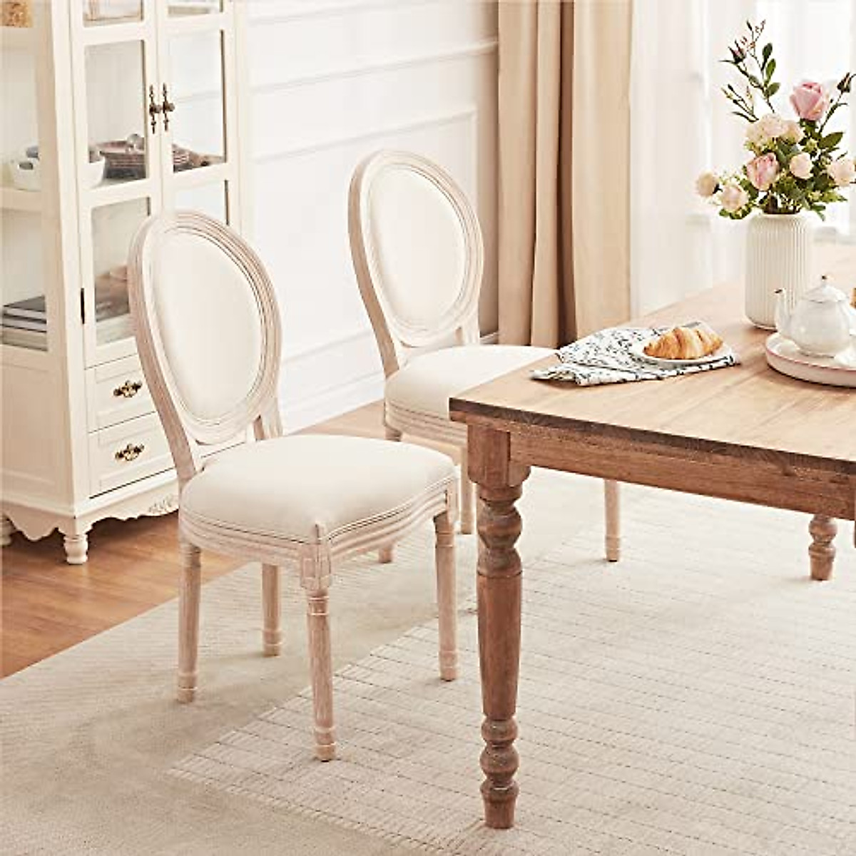 French Country Dining Chairs Set of 2, Farmhouse Dining Chairs with Round Backrest, Mid Century Upholstered King Louis Back Accent Side Chair with Solid Wood Leg for Dining Room Bedroom Kitchen