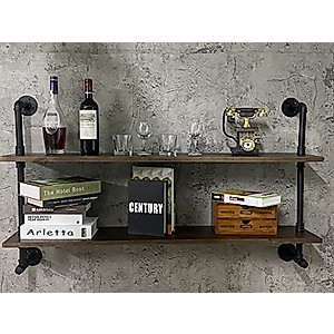 Industrial Pipe Wall Shelves Pipe Shelving with Real Wood Plank ,36 Inches Floating Shelves for Wall Farmhouse Pipe Book Shelves Dark Brown 2 Tier for Kitchen,Living Room Decor and Bar Shelving
