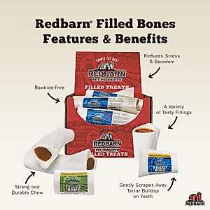 Redbarn Large Filled Dog Bones, Cheese & Bacon Flavor - Long Lasting Stuffed Femur Chew Treat Made in USA - 4 Count - Packaging May Vary