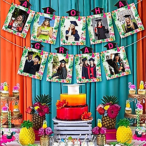 Tropical Aloha Graduation Photo Banner - Aloha Grad Photo Banner with Tassel, Summer Hawaiian Luau Congrats Grad Photo Banner for College Graduation Party Decorations