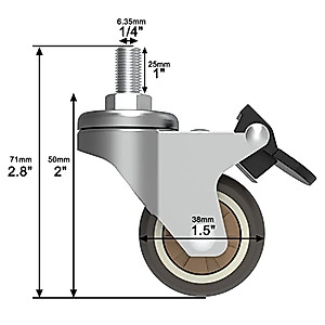 OK5STAR 1.5" Mini Caster Wheels with Brakes, 1/4"-20x1" Threaded Stem Low Profile TPR Castors Quiet Rolling for Small Cart Trolley Dolly Workbench Furniture Set of 4（fit 6mm to 6.35mm）