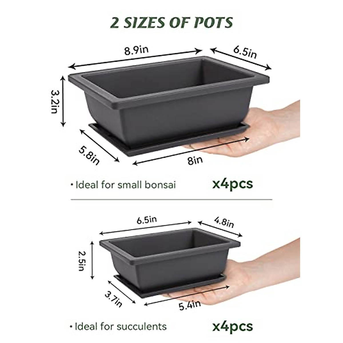 8 Packs Bonsai Training Pot with Humidity Tray - 6.5inch & 8.9inch Small Bonsai Tree Pots Kit, Plastic Plants Growing Planter with Drainage Tray, Indoor Decor Garden Yard