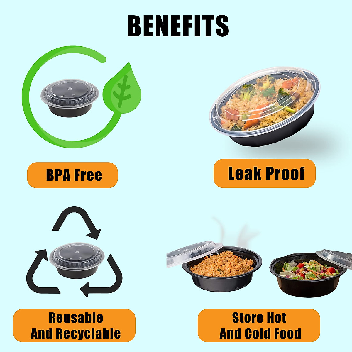 Restaurant Boxes 16 oz Meal Prep Round Black Containers with Clear Lids - 150 Sets, Disposable Food Containers, To Go Food Container, Take Out Food Containers