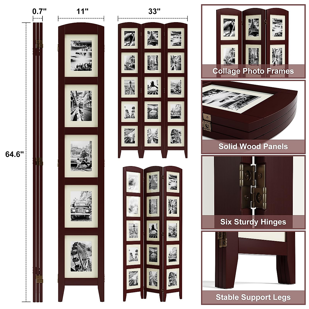 SZQINJI 3 Panel Photo Room Divider Screen, Solid Wood Divider for Room Separation for 8x10 Picture Frame Without Mat for 5x7 Photo with Mat, Walnut