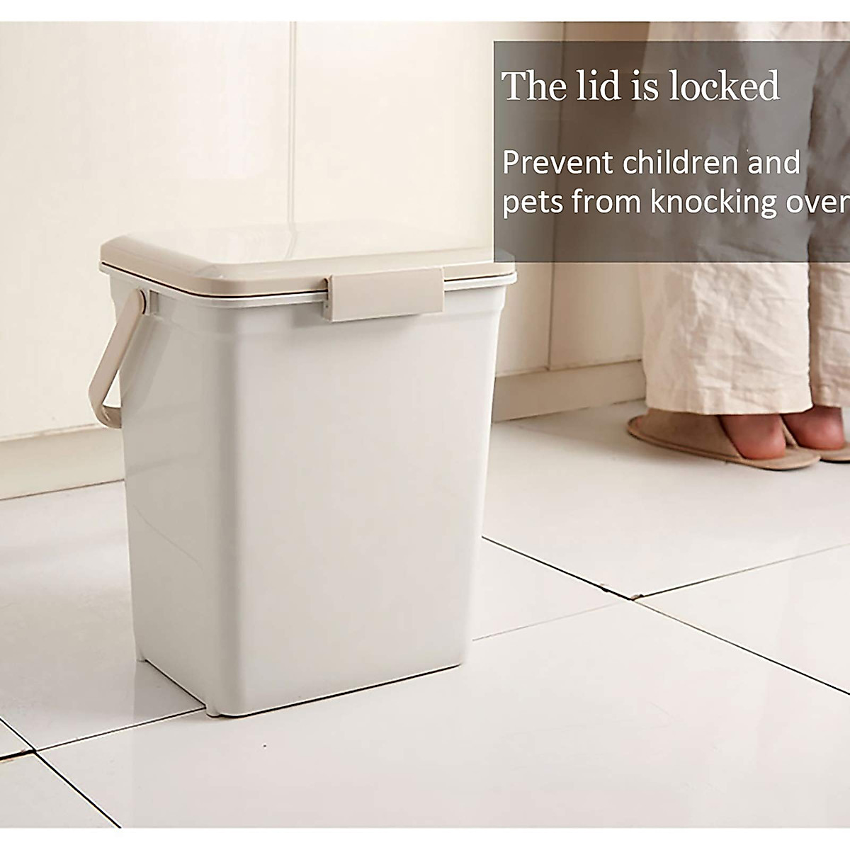 QWEASDF Portable Sealed Trash Can with Lock Cover Handles Deodorant Storage Compartment Pressure Ring Design Plastic Garbage Can for Kitchen and Household Waste Bin,Khaki