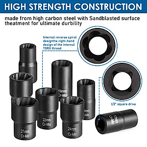 THINKPRO Lug Nut Removal Tool,10 PCS Lug Nut Socket Set, 1/2-Inch Drive Bolt Nut Extractor Kit, Easy Out Lug Nut remover for Damaged, Frozen, Studs, Rusted, Rounded-Off Bolts & Nuts Screws