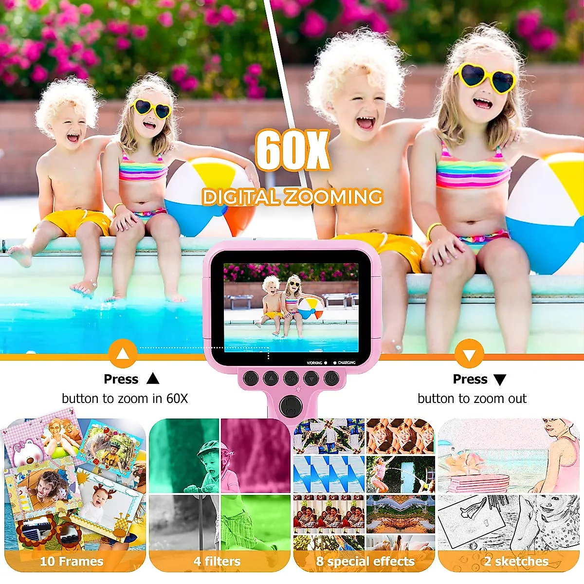 Kids Camera, iMoway Waterproof Video Cameras for Kids HD 1080P Kids Digital Cameras Camcorder with 16GB Memory Card, Card Reader and Floating Hand Grip (Pink)