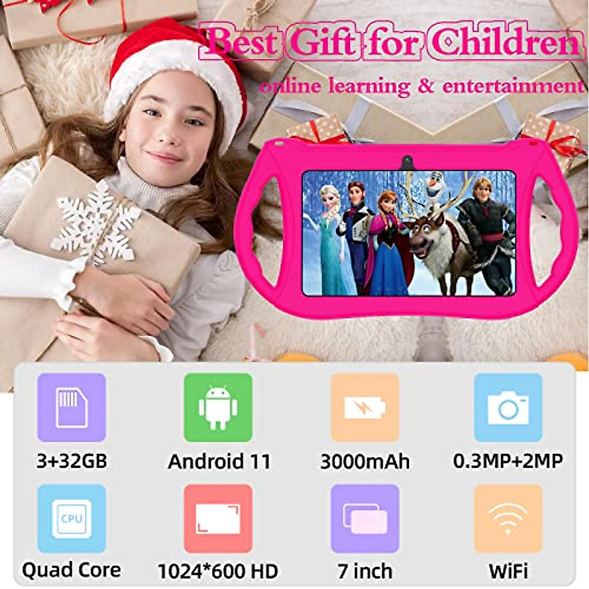 Kids, Toddler Android 11.0 Tablet with WiFi, Bluetooth, GMS, Dual Camera, Parental Control, Shockproof Case, Google Play for YouTube, Netflix, 3GB RAM 32GB ROM,7 inch