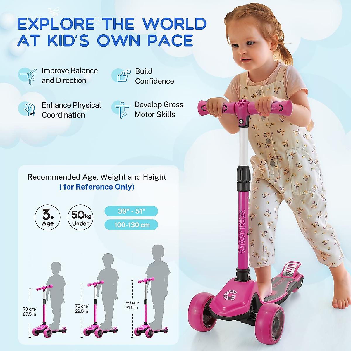 Gonex 3 Wheel Scooter for Toddler and Kids Ages 3-8, Kick Scooter for Girls Boys with Foldable Design Adjustable Height and Extra Wide Light up Wheel, Pink