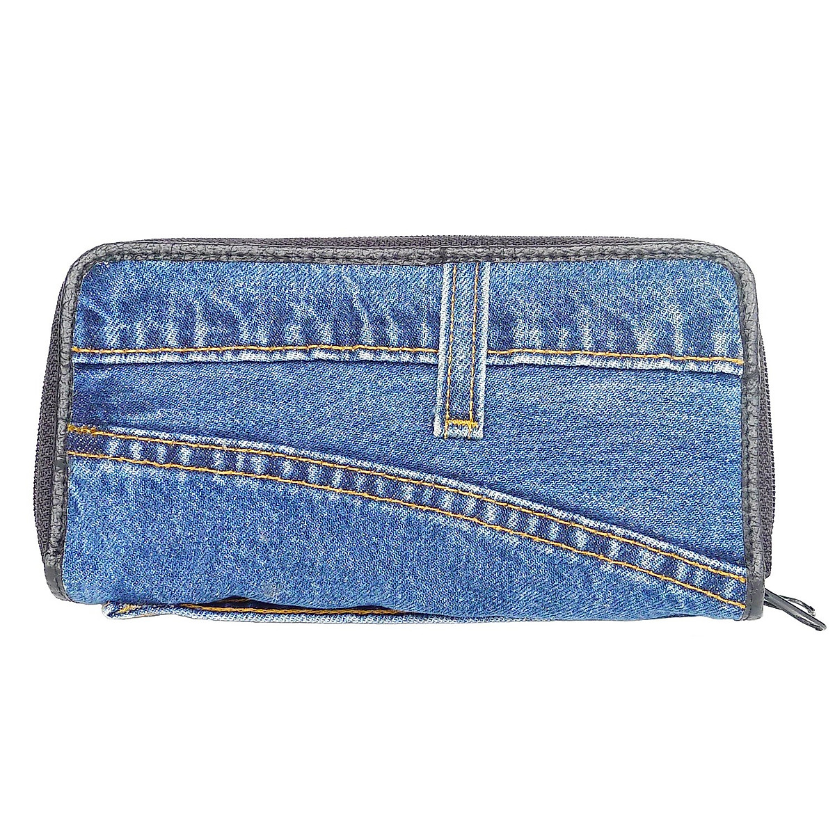 Bijoux de Ja Women Blue Denim Money Double Zipper Around Accordion Wallet Wristlet Purse Clutch DMW015