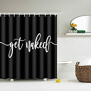 IcosaMro Get Naked Shower Curtain Set with Rugs and Accessories Black and White Bathroom Set 4 Pcs (Bath Mat, U Shape Rug, Toilet Lid Cover Mat and 12 Hooks) Boho Bathroom Decorations