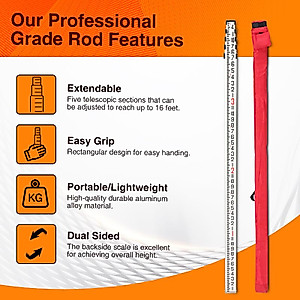 Mountlaser Aluminum Grade Rod - 8ths, with Carrying Case and Rod Leve (16 Foot)