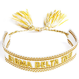Sorority Shop Sigma Delta Tau Bracelet — Woven Bracelet, White and Gold Design with SDT Sorority Name and Tassels, Greek Sorority Jewelry and Big Little Sorority Gifts