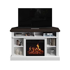 NORTHWEST Corner TV Stand with Electric Fireplace Fits 55-Inch TVs - Console with Storage Cabinet, Remote, Adjustable Heat, and LED Flames (White)