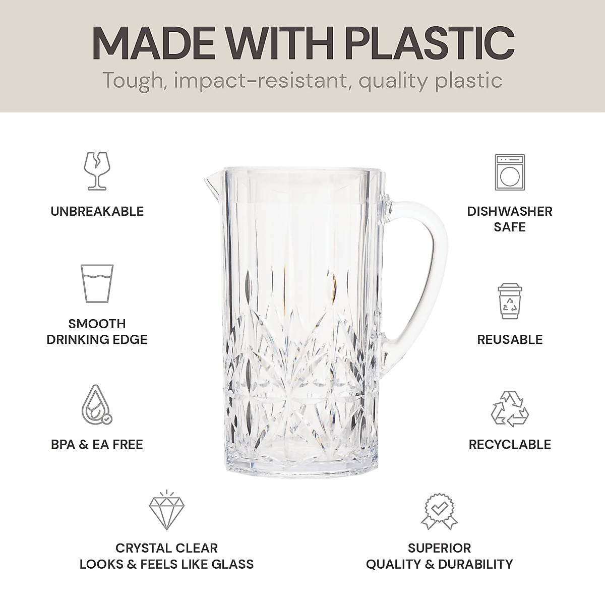 BELLAFORTE Shatterproof Tritan Plastic Water Pitcher, Myrtle Beach 88 oz Unbreakable Drinking Jug for Orange Juice, Iced Tea & Water - Dishwasher Safe - BPA Free - Clear