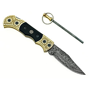Damascus Steel Blade Folding Pocket Hunting Lock Knife With Real Leather Sheath For Camping Fishing Outdoor. SM106