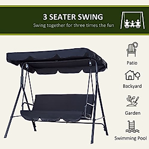 Outsunny 3-Seat Outdoor Patio Swing Chair with Removable Cushion, Steel Frame Stand and Adjustable Tilt Canopy for Patio, Garden, Poolside, Balcony, Backyard, Black