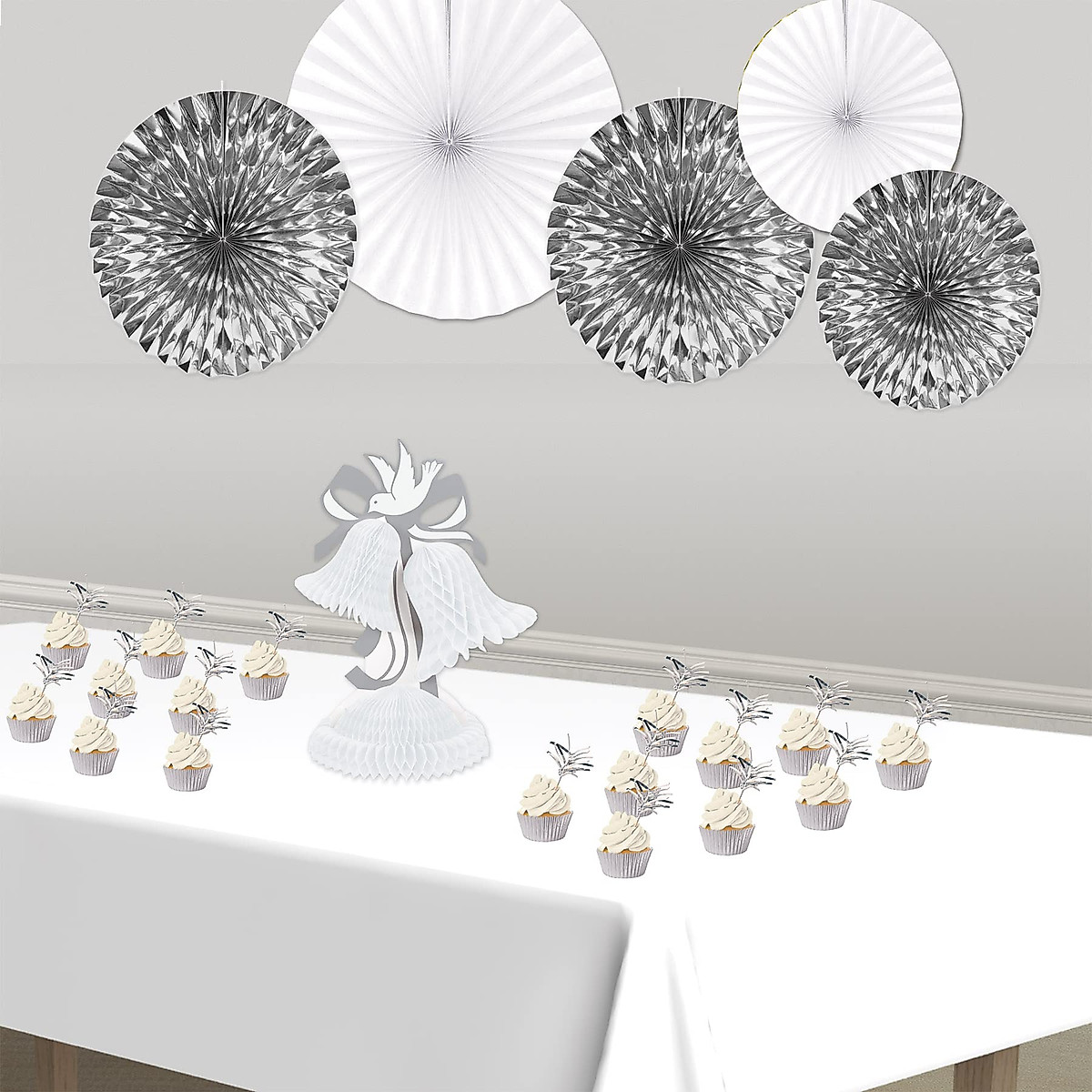 Beistle 2 Piece Honeycomb Tissue Bell Centerpieces for Wedding Decorations, Bridal Shower Décor, Anniversary Party Supplies, 12", White/Silver