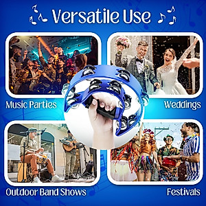 Flexzion Tambourine Metal Half Moon Musical Instruments Double Row Metal Jingles Hand Held Instruments Percussion with Ergonomic Handle Grip, Tambourines for Adults, 2 Packs - Blue