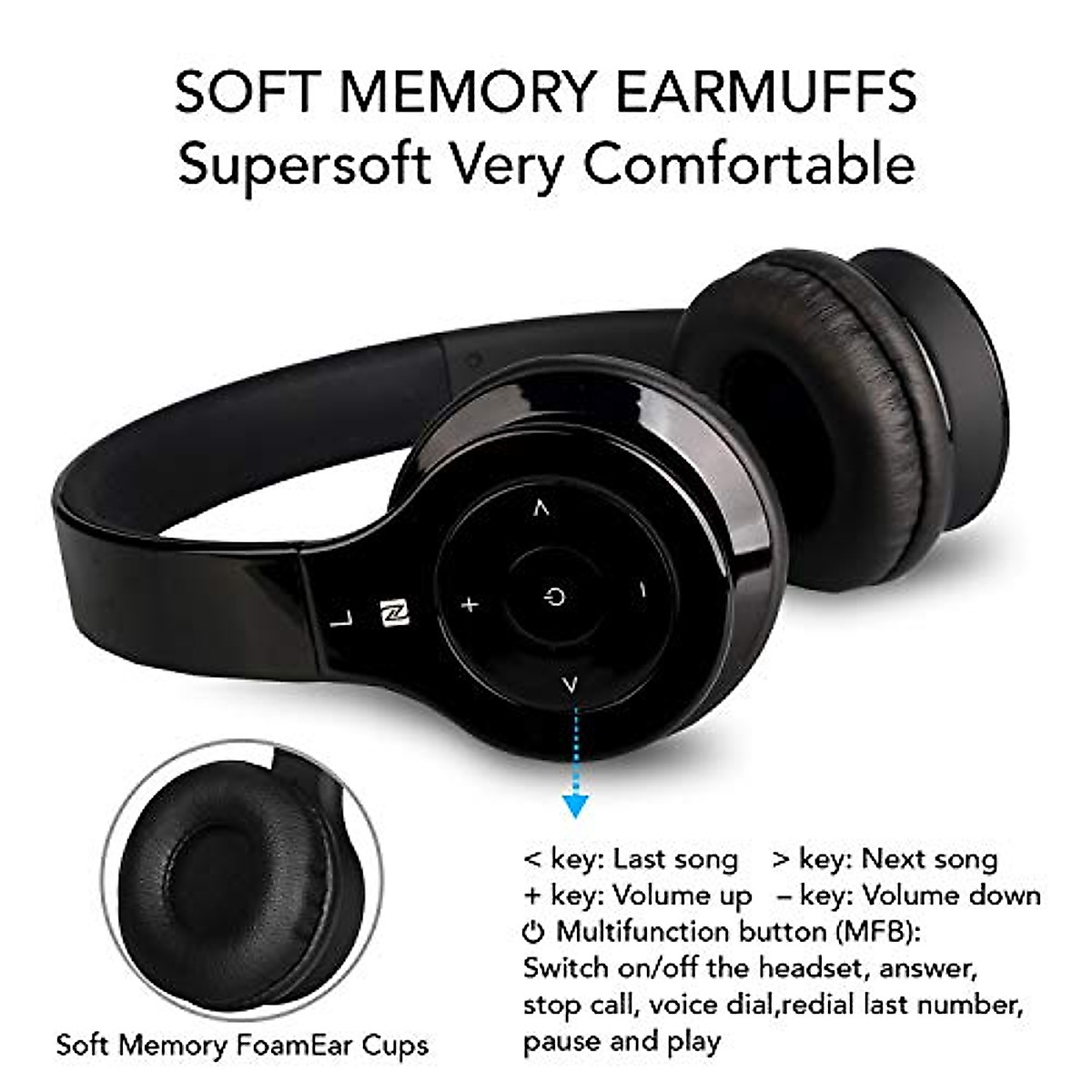 Alpha Digital BH-530-B Bluetooth Headphone with Soft Fit Ear Covers, Built-In Microphone, Black