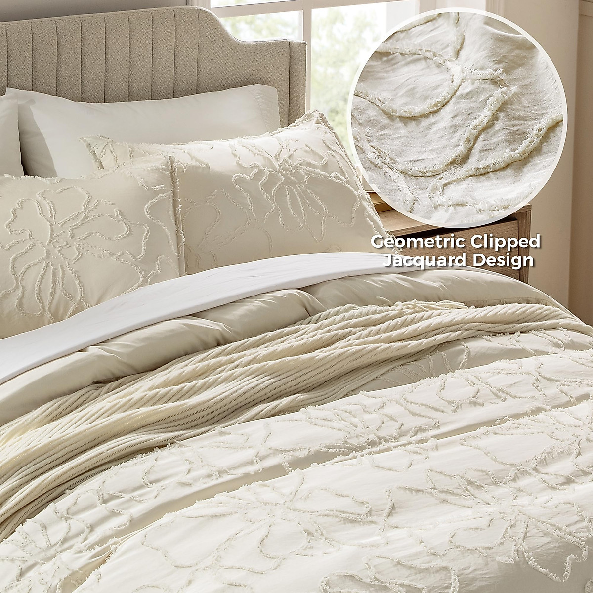 TINA'S HOME Duvet Cover Full Size - Tufted Boho Duvet Cover Set for All Season, 2PCS- 1 Beige Washed Microfiber Duvet Cover with Zipper and 2 Pillow Shams, Farmhouse Bedding Comforter Cover Set
