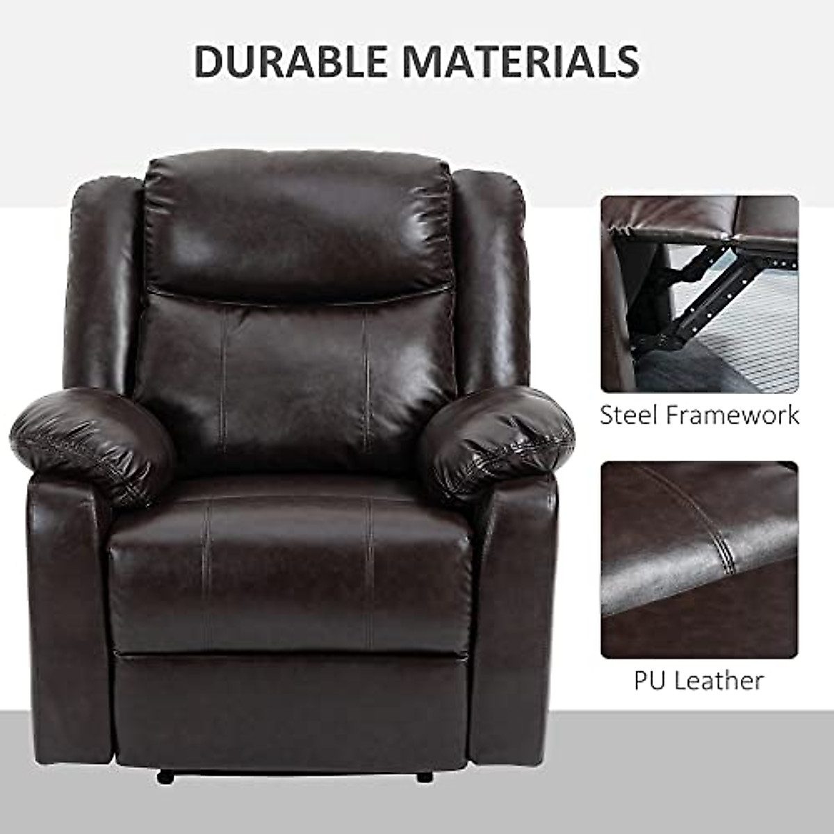 HOMCOM PU Leather Manual Recliner with Thick Padded Upholstered Cushion and Retractable Footrest, Brown