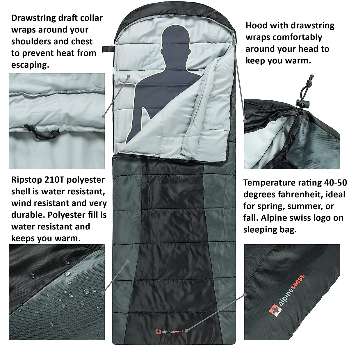 Alpine Swiss 0°C (32°F) Sleeping Bag Lightweight Waterproof with Compression Sack Adults All Seasons Camping Hiking Backpacking Travel Outdoor Indoor Black Gray